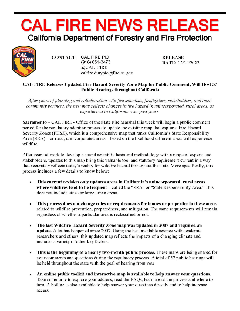 CAL FIRE Releases Updated Fire Hazard Severity Zone Map for Public Comment